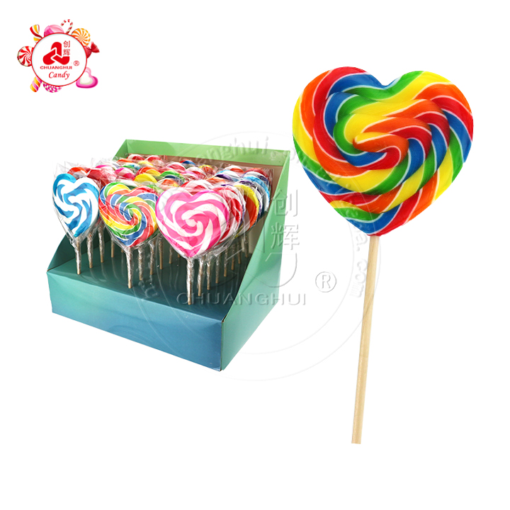 Supply HALAL 50g rainbow heart shaped handmade swirl flat hard lollipop ...