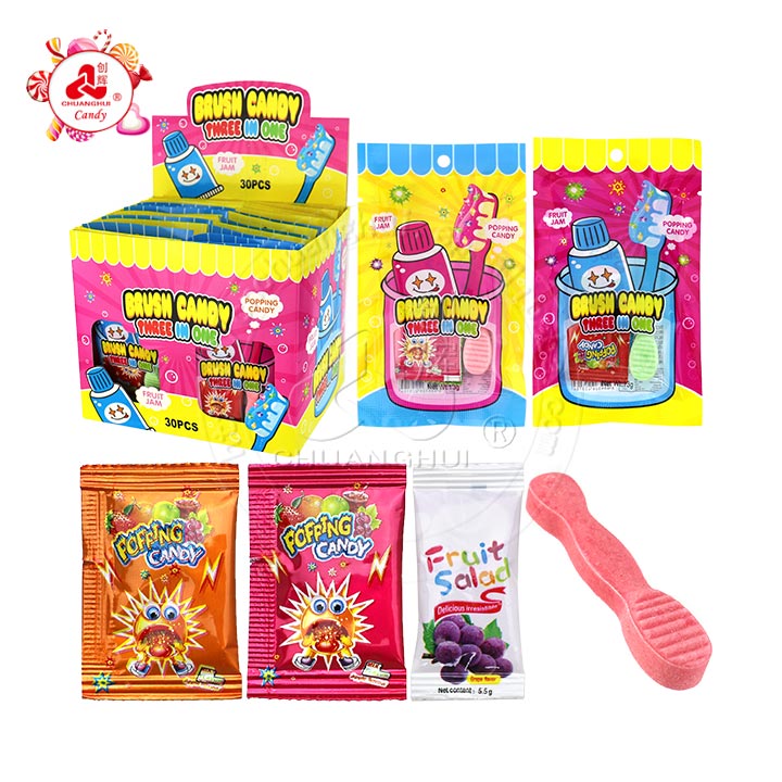 Supply 3 in 1 brush pressed tablet candy stick and popping candy with ...