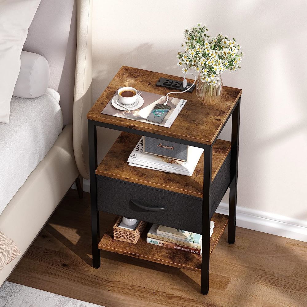 Supply Small End Side Table Bedside Nightstand Drawer With Charging For ...